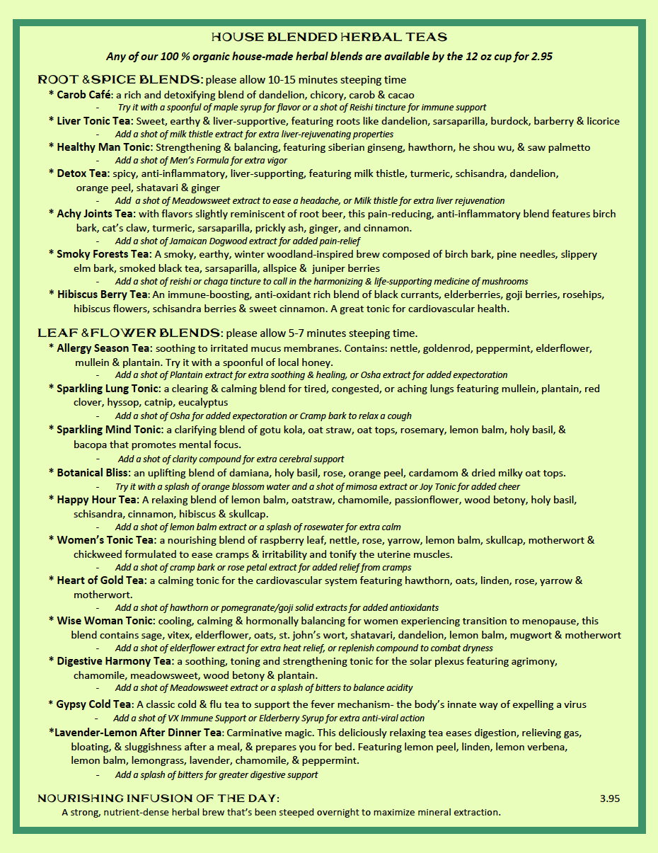 Tonic Drink Menu - Tonic Herb Shop